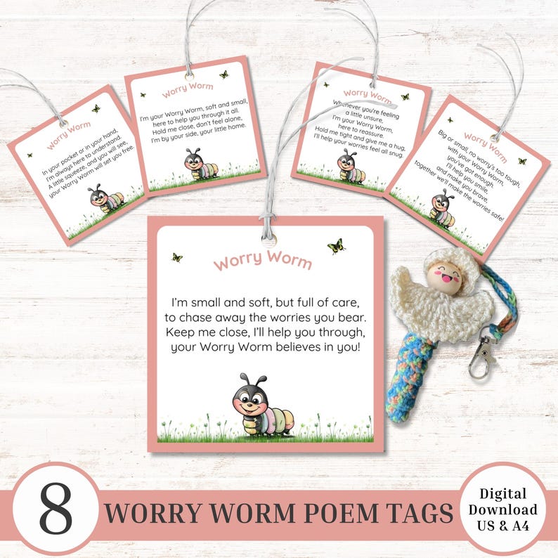 Worry Worm Poem Printable, Set of 8 Pink Square Gift Tags, Cute Little ...