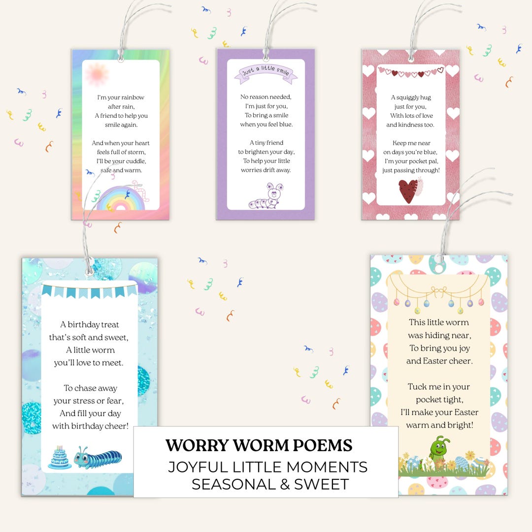 Seasonal Worry Worm Tags, Printable Poem Cards for Kids, Birthday ...