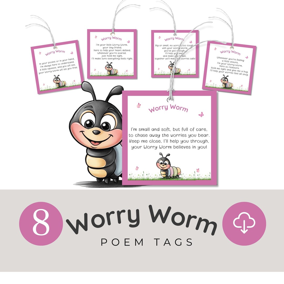 Worry Worm Printable Tags, Bright Pink Square Poem Cards for Gifts ...