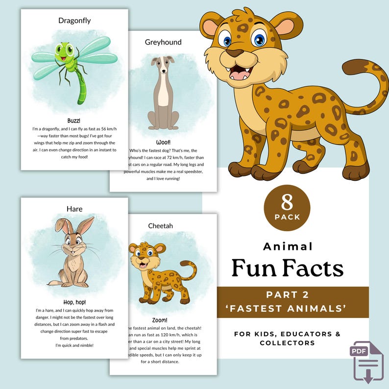 Animals Fun Facts Cards, Fastest Animals, Fun Cards for Kids, 8 ...
