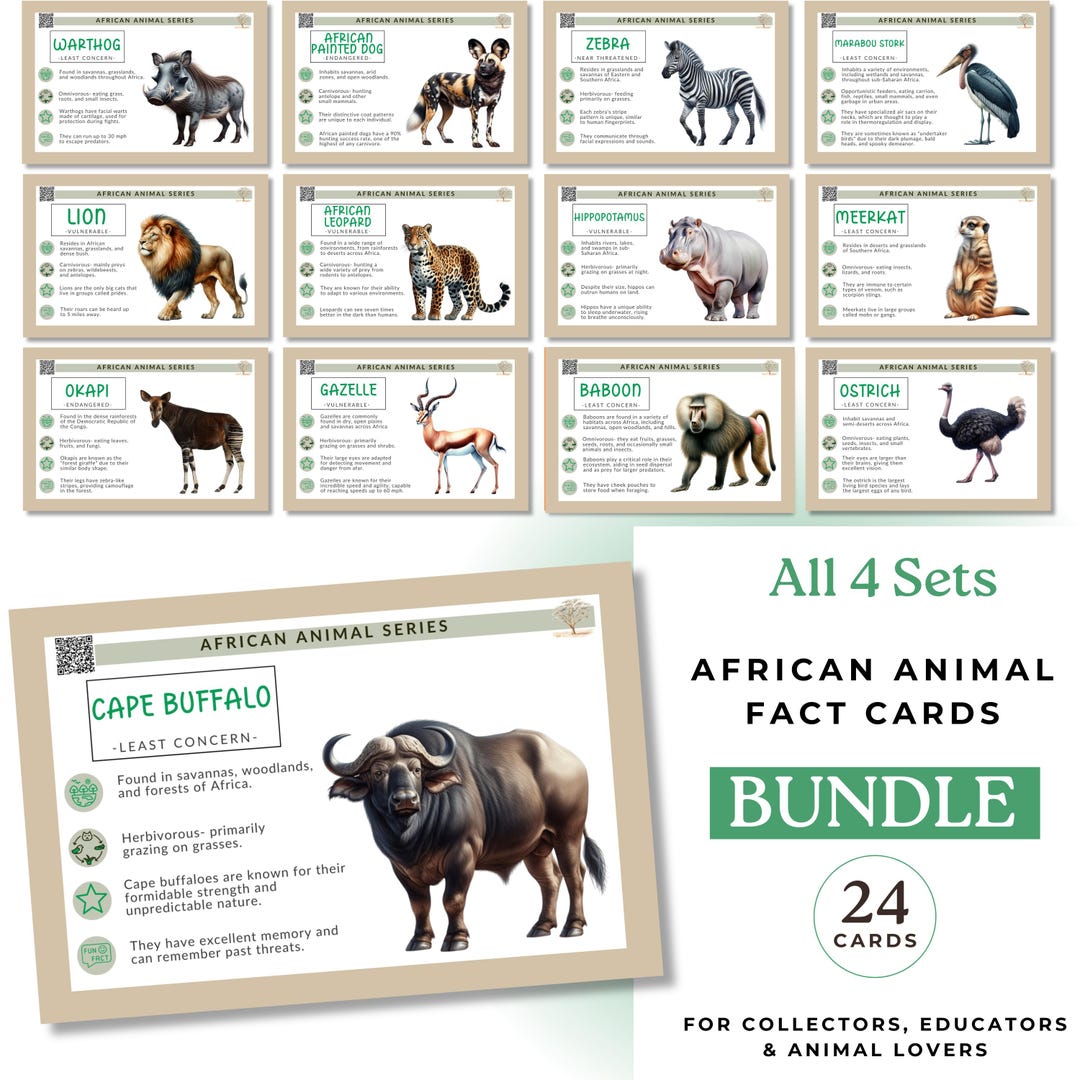 African Animal Fact Cards, Educational Wildlife Bundle for Kids, 24 ...