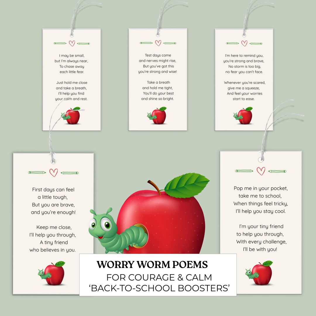 Back to School Worry Worm Tags, Printable Poem Cards for Kids, Teachers ...