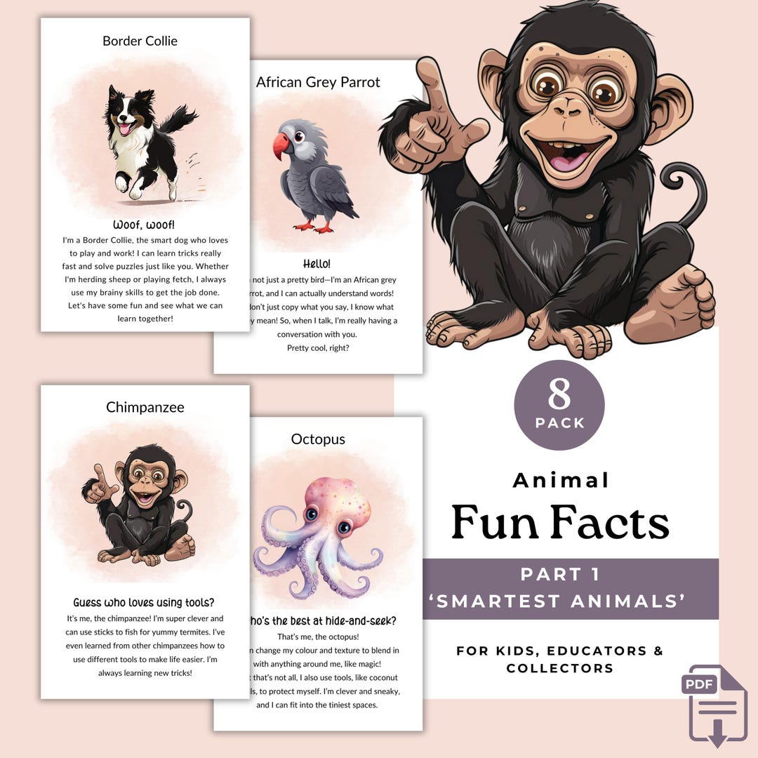 Animal Fun Fact Cards for Kids, Smartest Animals, 8 Printable ...