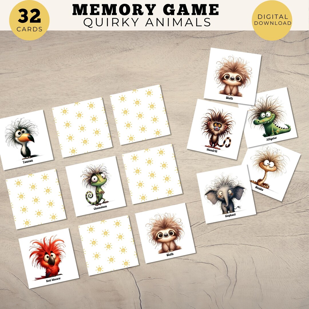 Printable Memory Game, Quirky Safari Animals With Names, Kids’ Matching ...