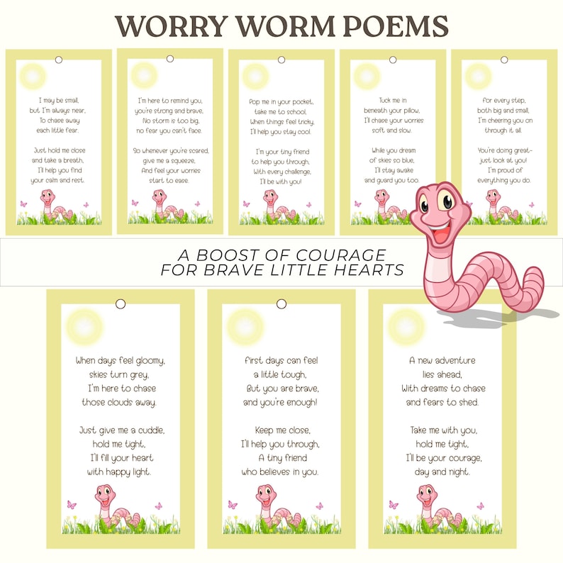 Worry Worm Poem Tags for Kids, Printable Pocket Hug Notes for Anxiety ...