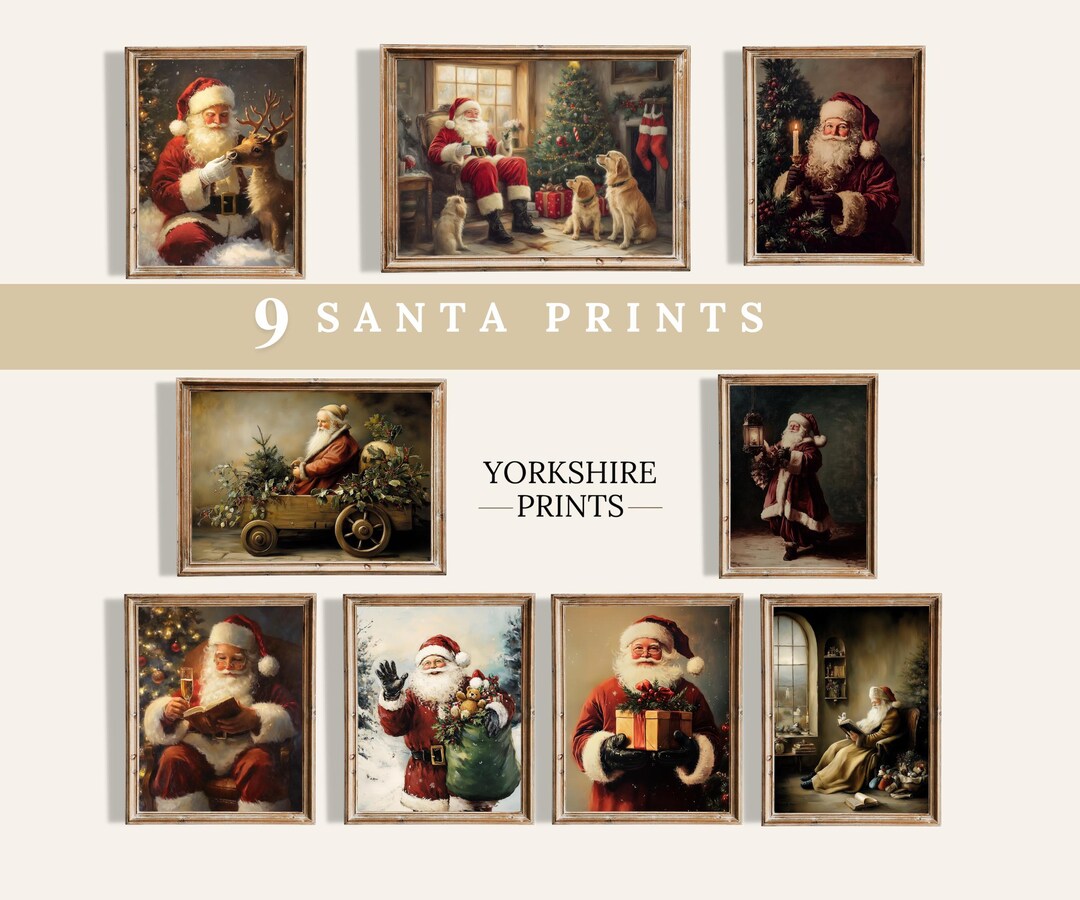 Vintage Santa Claus Christmas Wall Art Prints Set of 9: Festive Holiday ...