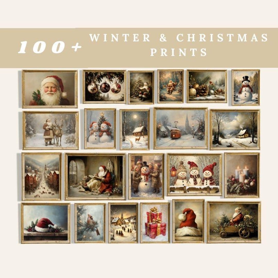 100+ Vintage Christmas Prints, Winter Holiday Digital Art Bundle ...