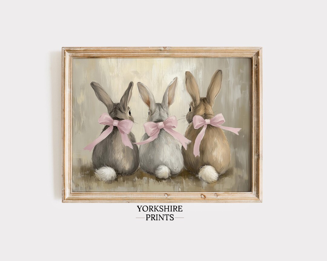 Vintage Easter Bunny Print, Spring Rabbits With Pink Ribbon, Kids Room ...