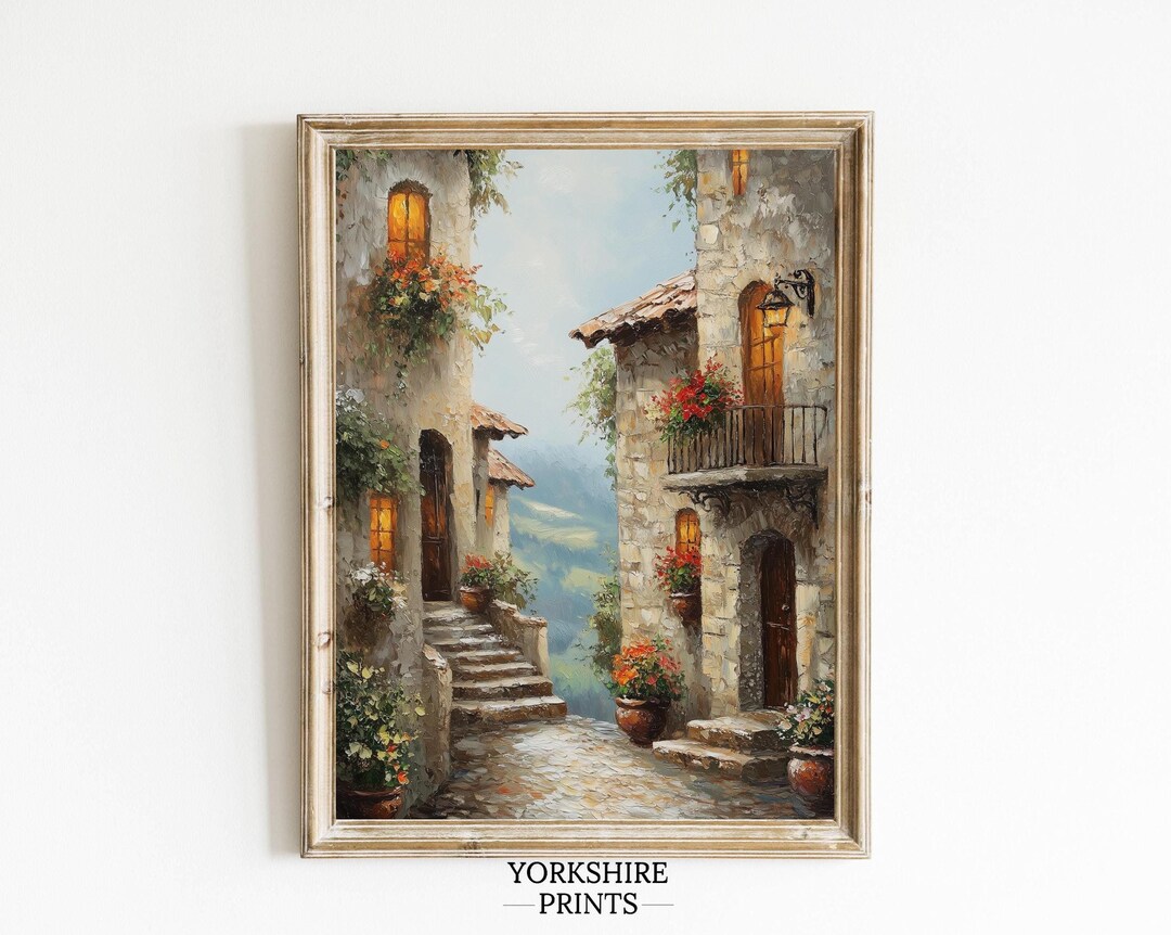 Rustic Italian Village Wall Art, Mediterranean Landscape Painting, Warm ...