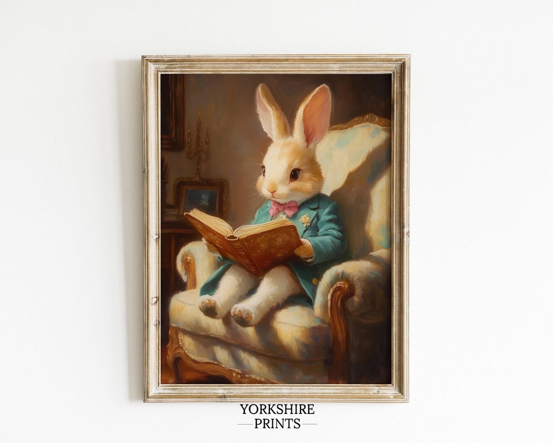 Easter Bunny Reading Print Spring Wall Art Cottagecore Easter Decor ...