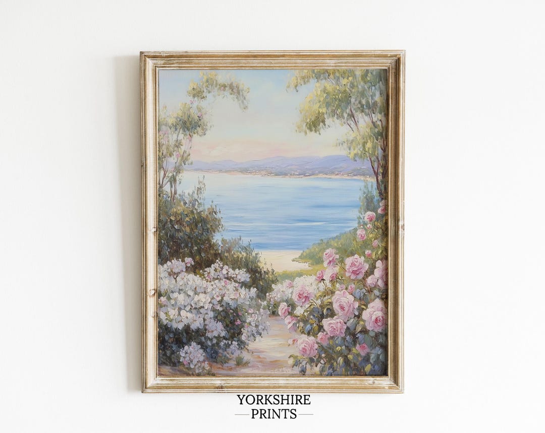 Romantic Coastal Floral Wall Art, Beach Path With Roses Painting ...