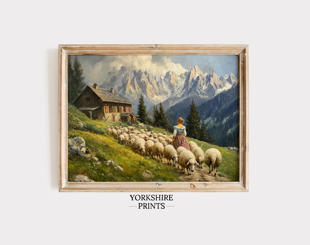 Rustic Shepherdess Mountain Print, Vintage Farmhouse Wall Art Digital ...