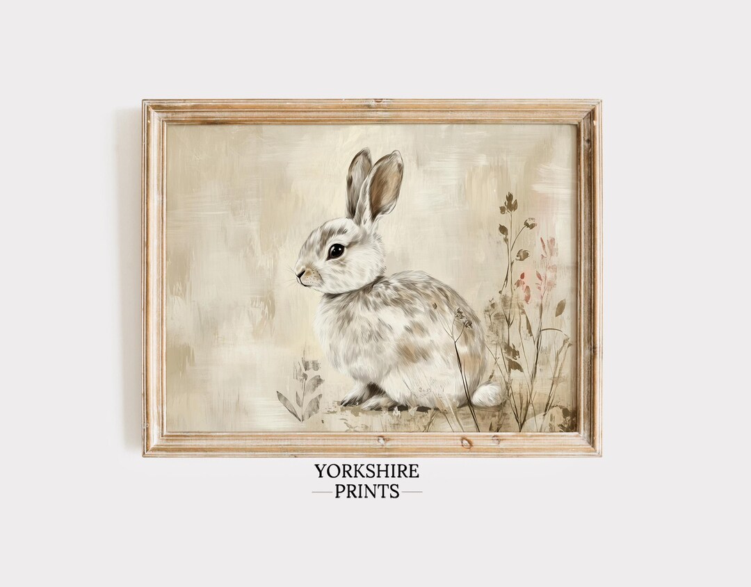 Vintage Bunny Wall Art Printable, Soft Neutral Rabbit Illustration ...