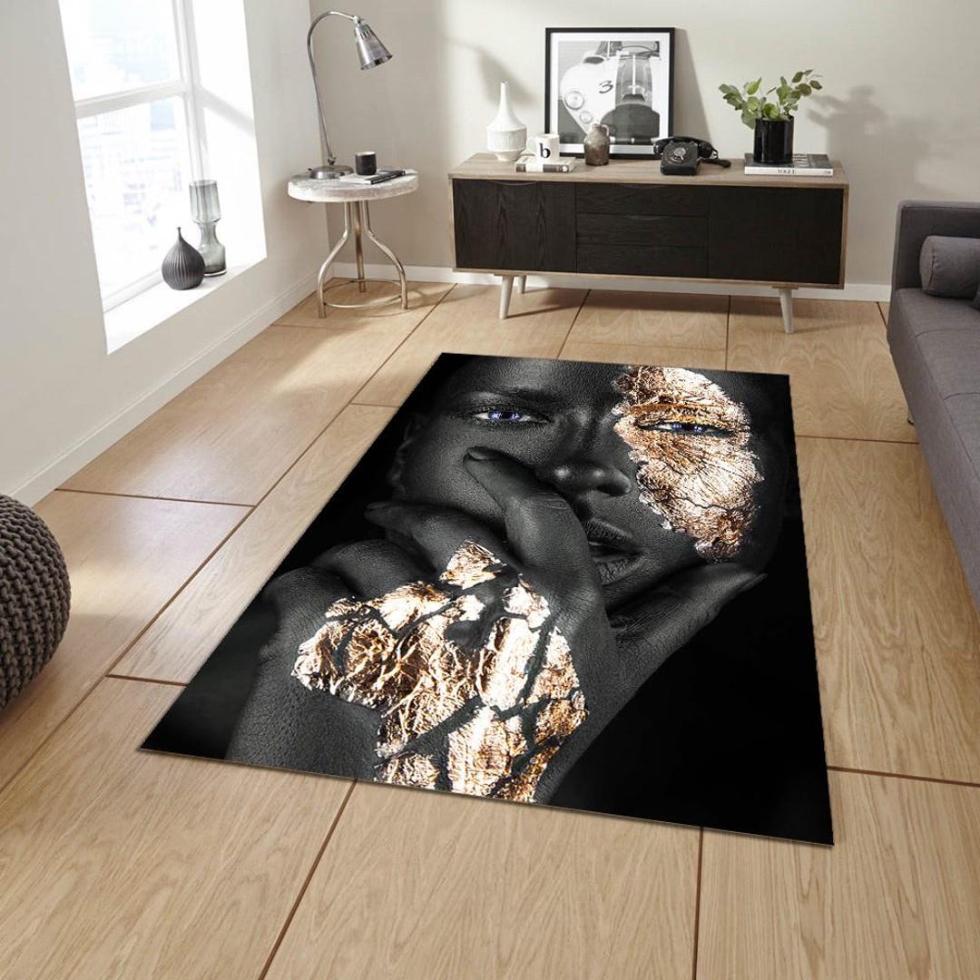 African Woman Rug,black N Gold Rug,women Figure Rug, Printed Rug , Art ...