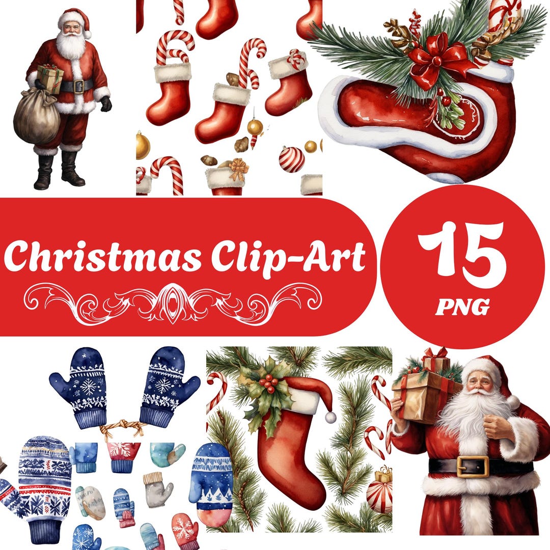 Christmas Clip Art Pack, 15 PNG Holiday Designs,festive Clip Arts ...