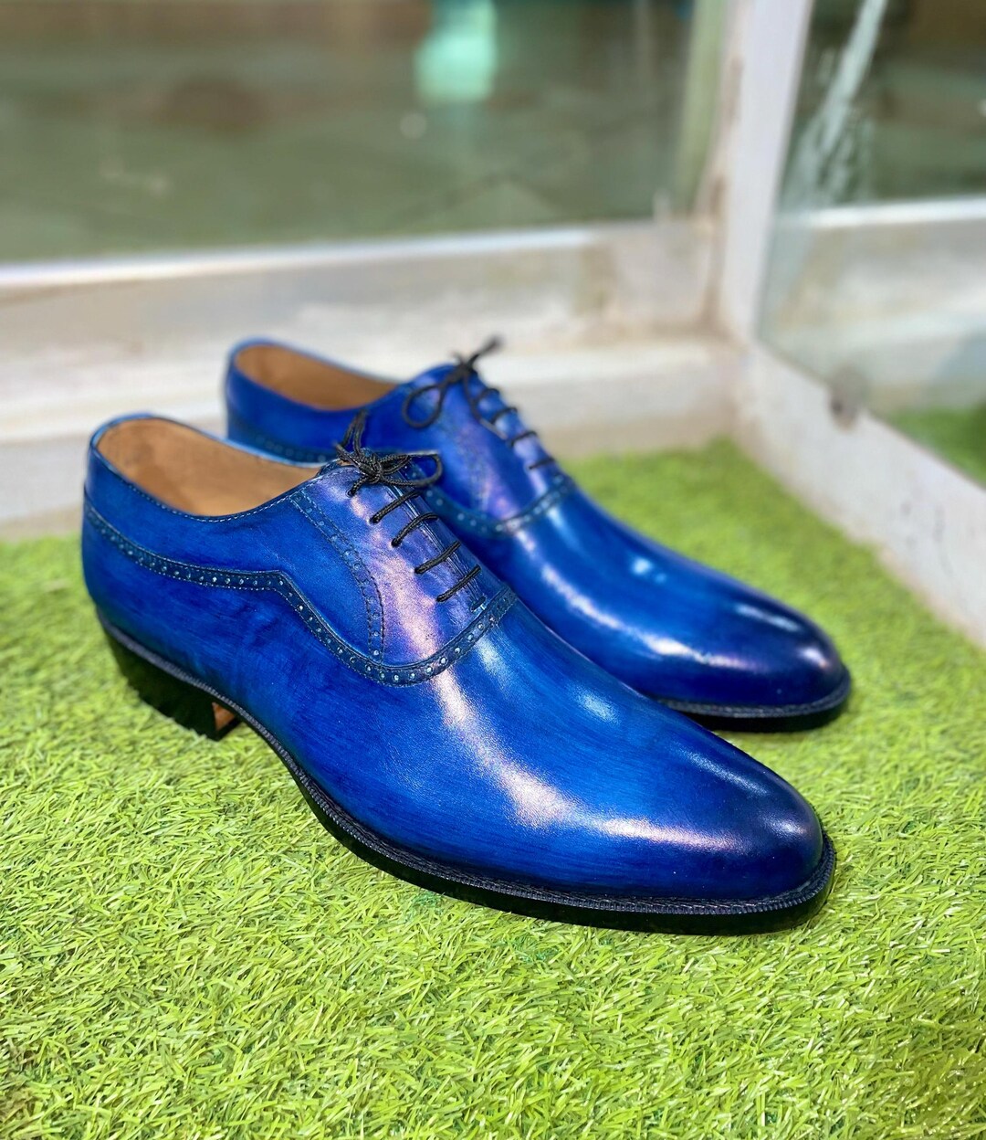 Handmade Blue Textured Oxford Shoes for Men Custom Made Luxury Dress ...