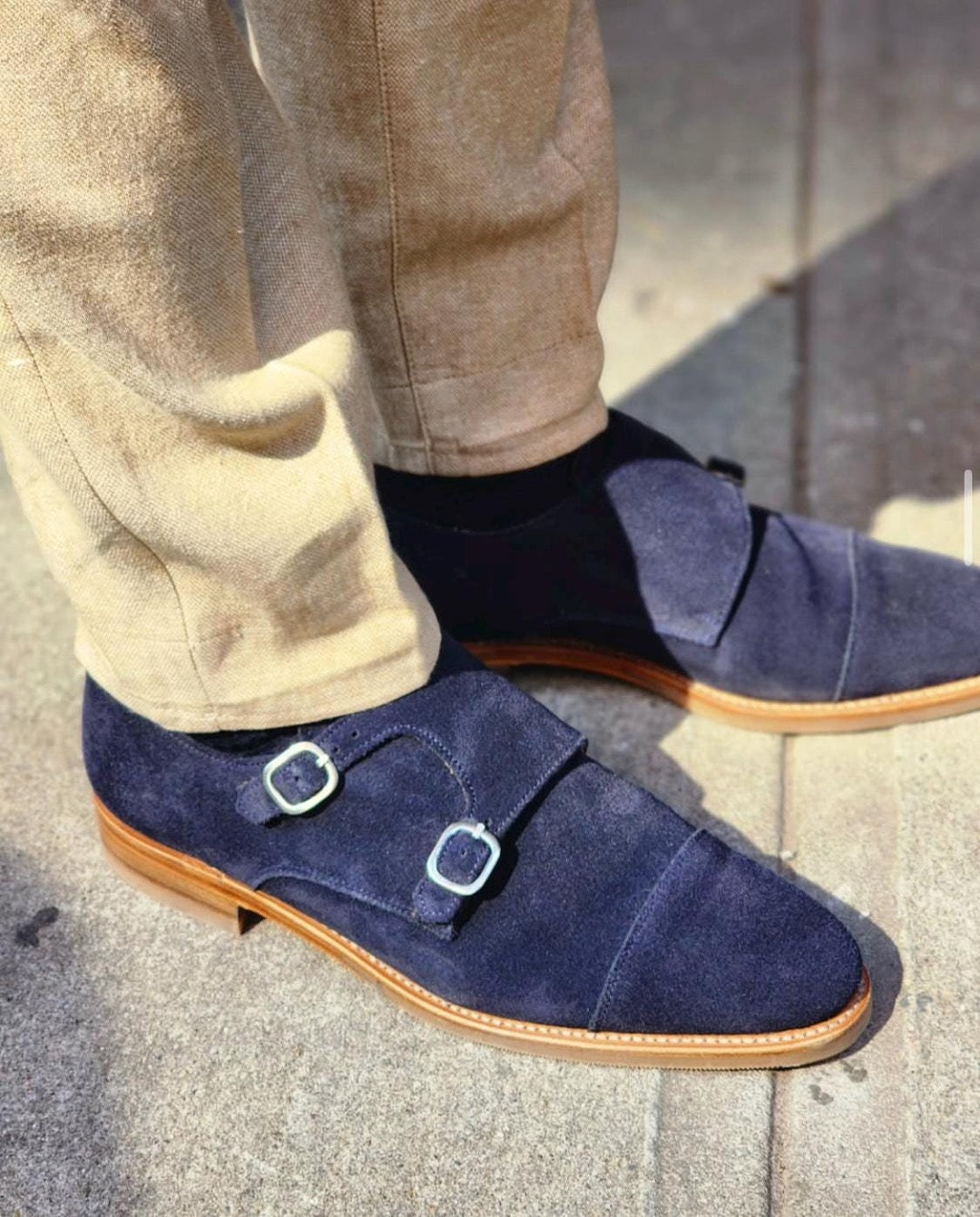 Blue Suede Monk Strap Shoes for Men - Stride Stitch - Etsy