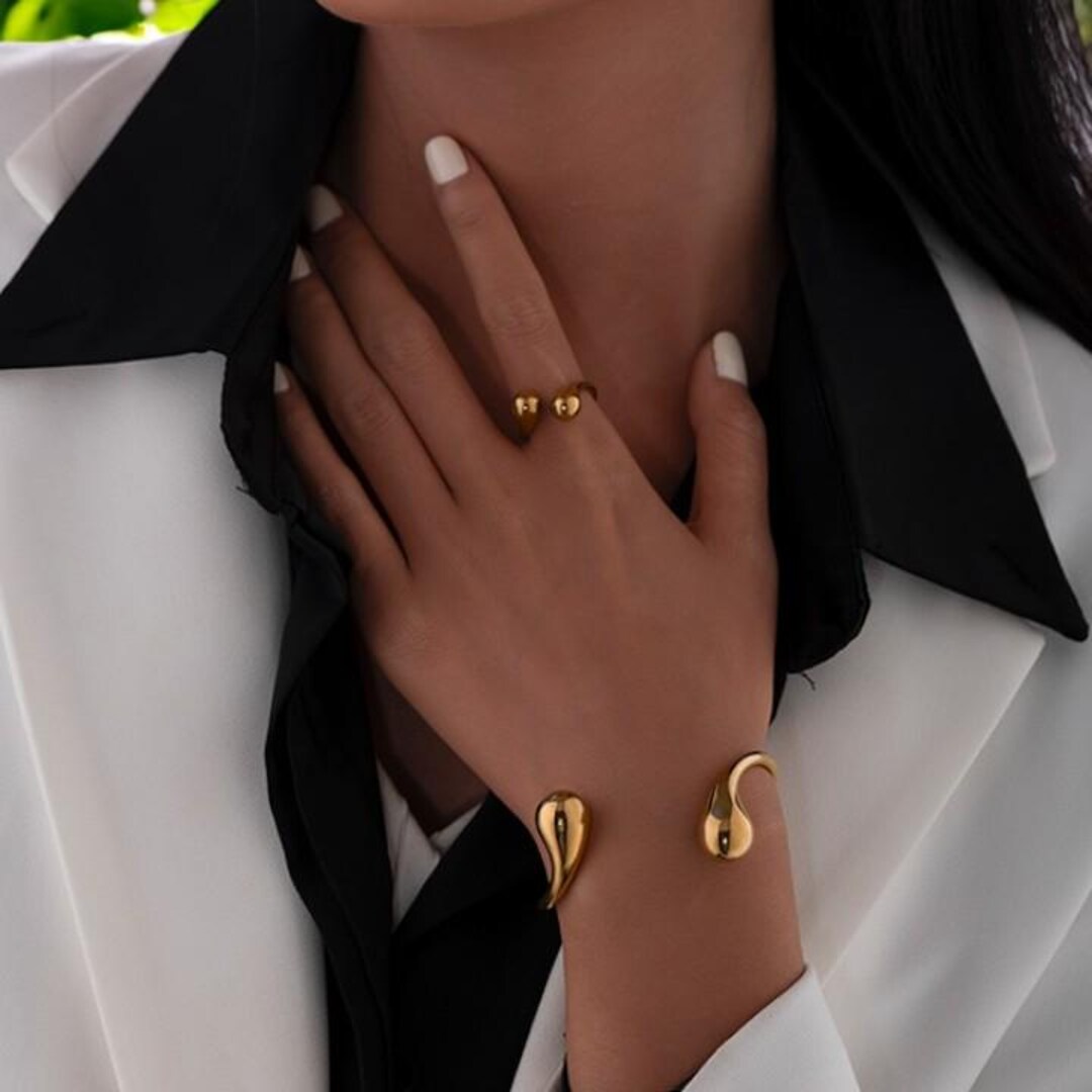 Cuff Set Minimalist Chunky Open Waterdrop 18K Gold Plated Adjustable Rings, Bangles & Bracelets ...