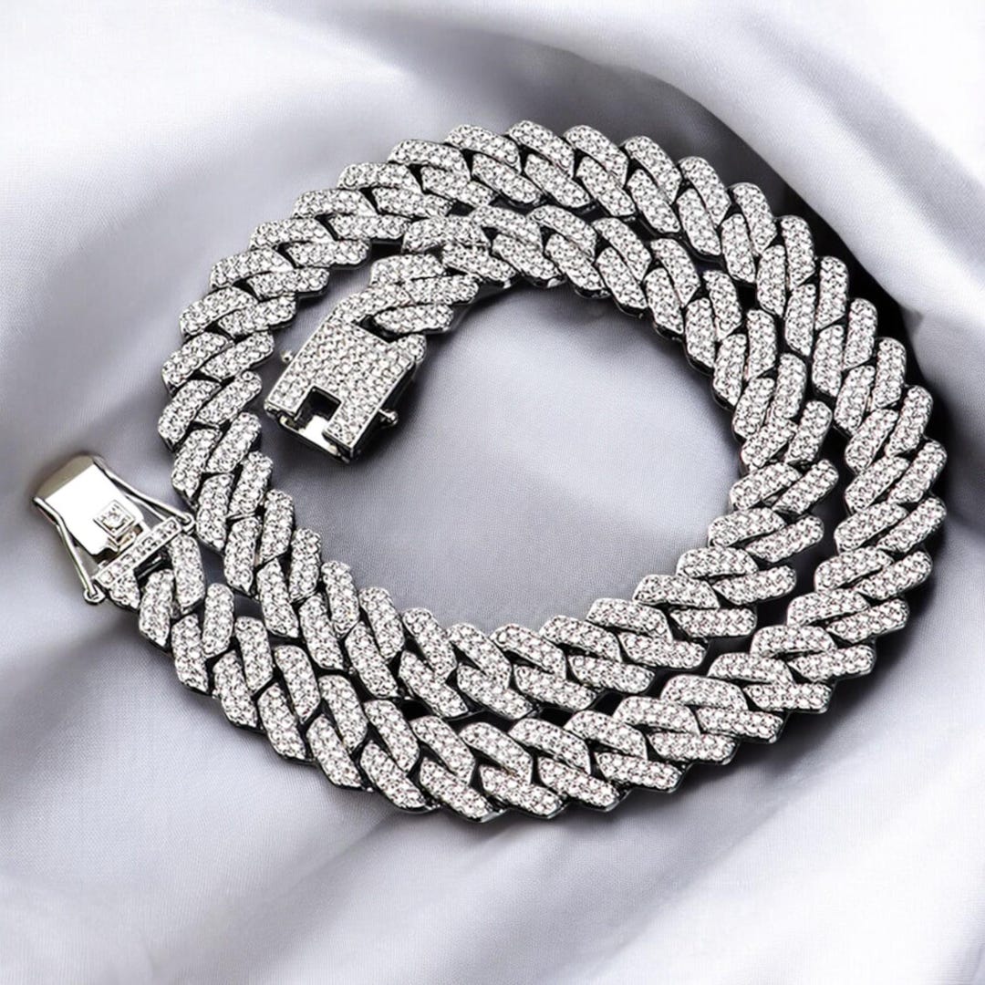 Hip Hop Shiny 15MM Cuban Link Chain Necklace - Silver Color Rhinestone ...