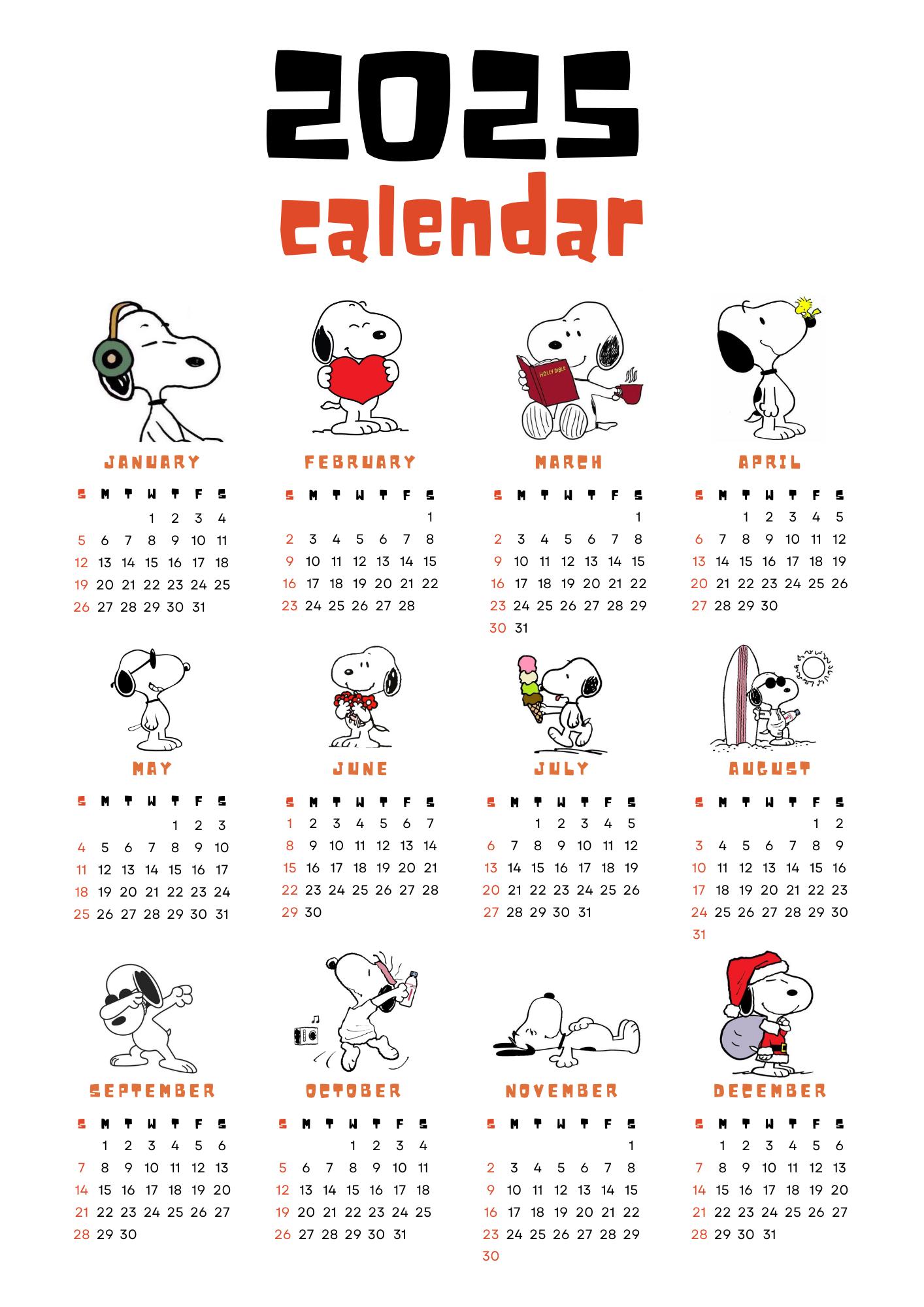 Calendar 2025, Snoopy Calendar, Printable Calendar, 2025 Calendar ...