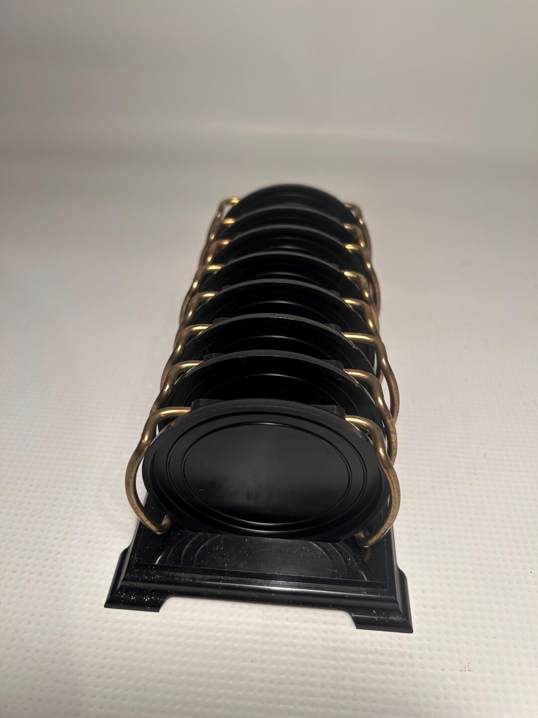 Vtg. Retro MCM Coaster Set With Box and Holder Bakelite Black With ...