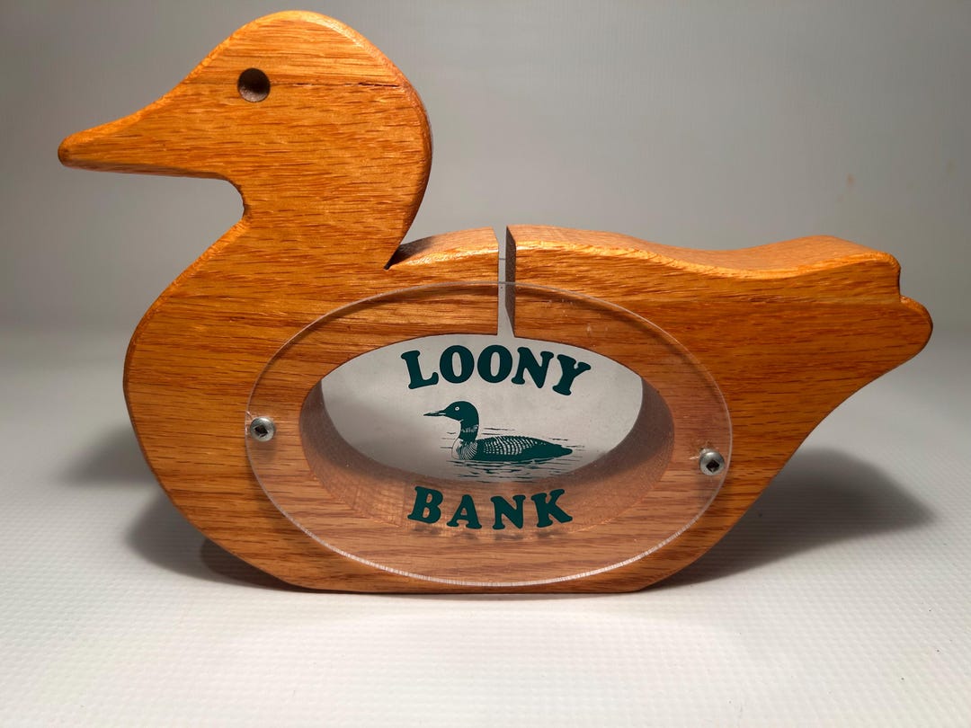 Vtg. Solid Wood Canadian Loony Duck Piggy Bank the Cambridge Wooden Toy ...