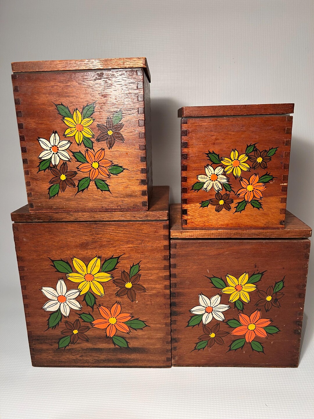 Vtg. Wooden Nesting Kitchen Lined Canister Set With Flower Design Japan ...