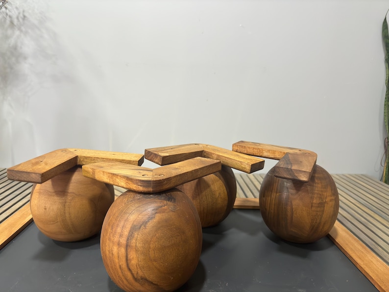 Walnut Wood Sphere Legs (4pc) | Round Ball Furniture Legs With L-shaped ...