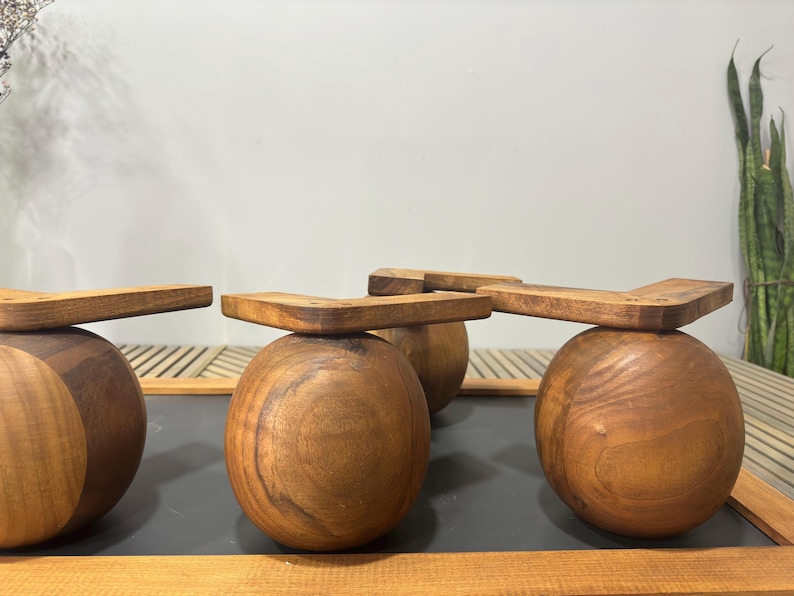 Walnut Wood Sphere Legs (4pc) | Round Ball Furniture Legs With L-shaped ...