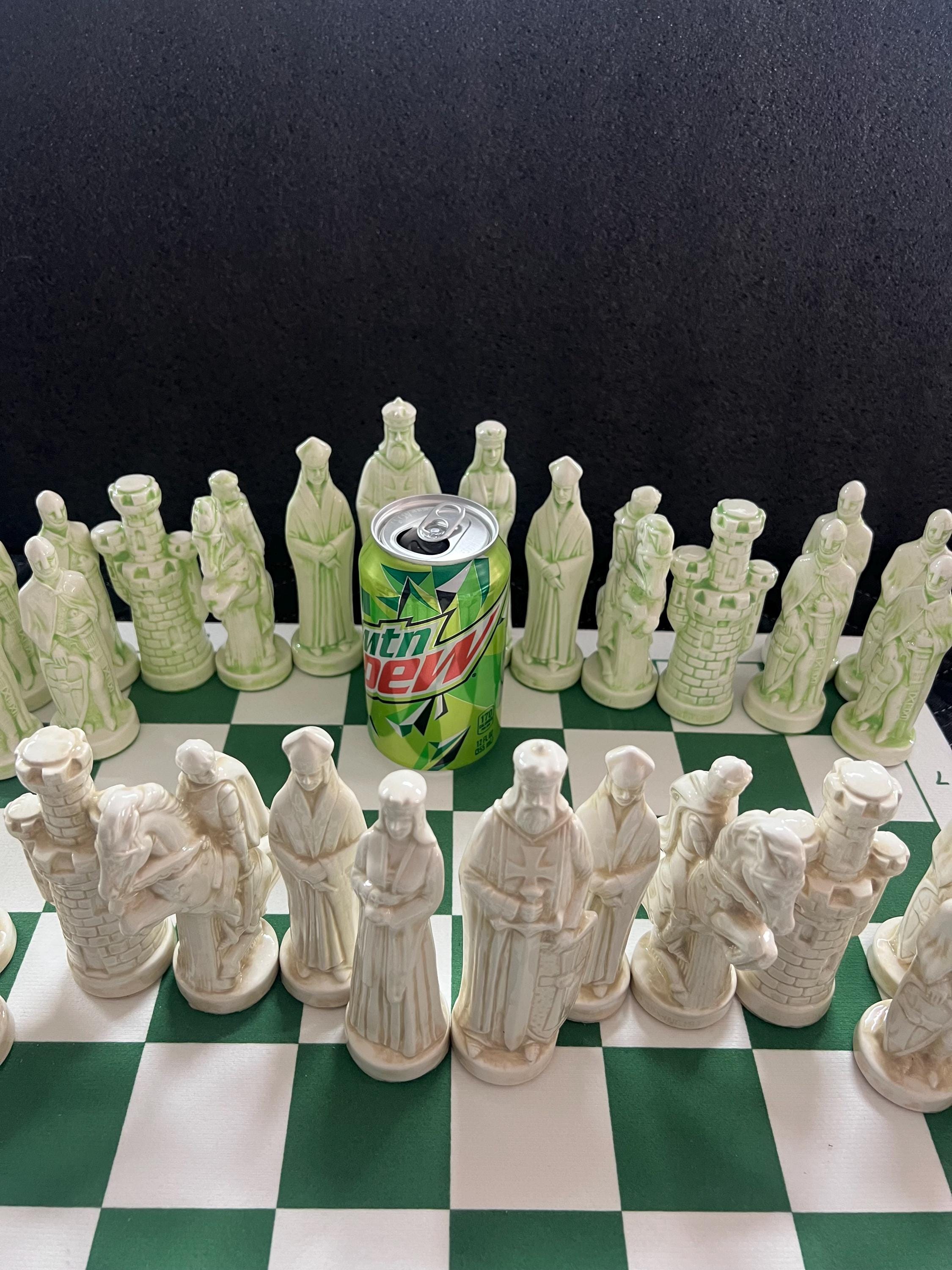 Ceramic Renaissance Chess Set, Handmade, Painted in a Green & Parchment ...