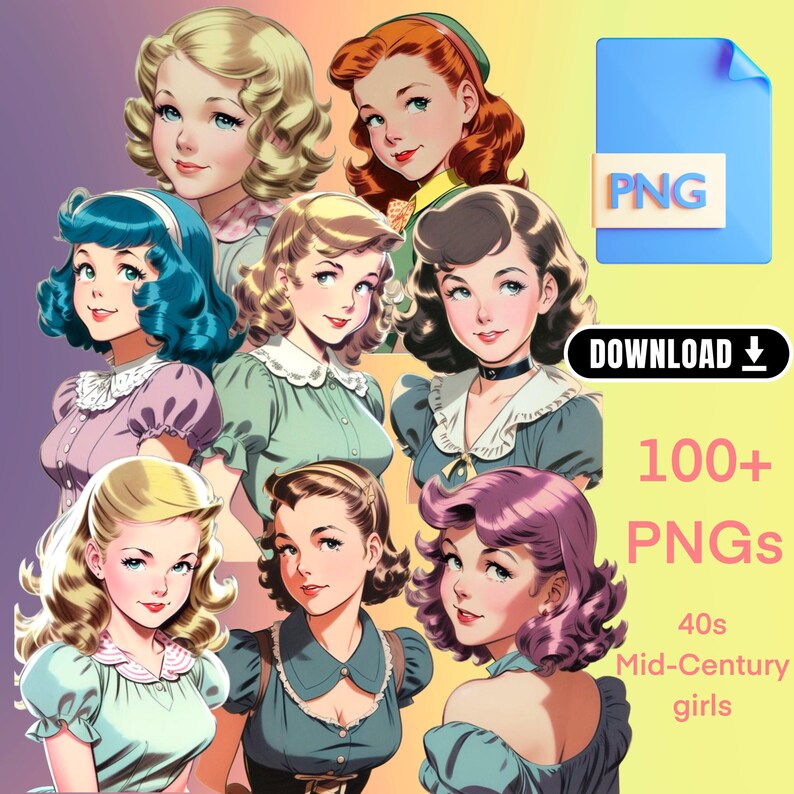 100 Retro Girl Pngs | Vintage 1950s Clipart Bundle | Mid-century Women ...