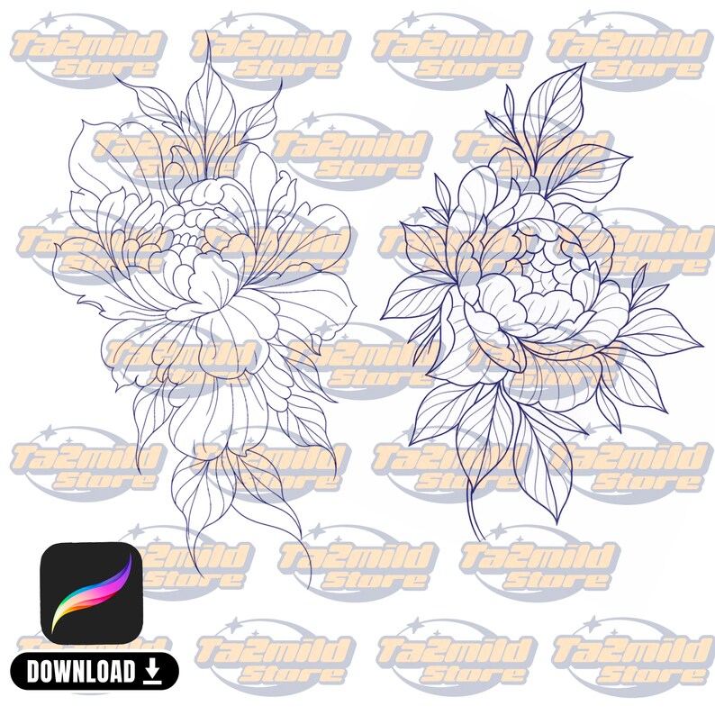 20 Peony Procreate Brushes | Floral Tattoo Stamp Set | Botanical Line ...