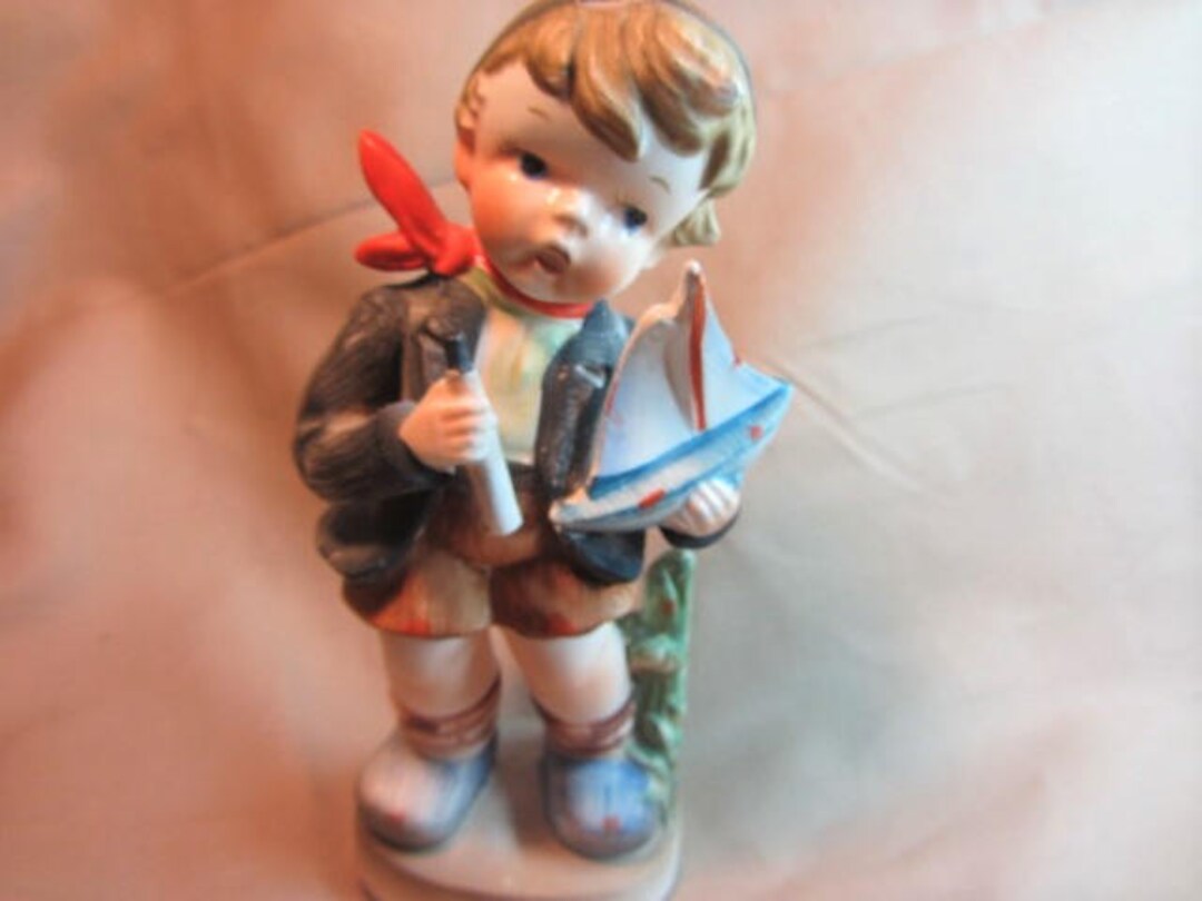 Vintage Boy Figurine Holding A Toy Sailboat, Hummel Like, Figurine, Boy ...