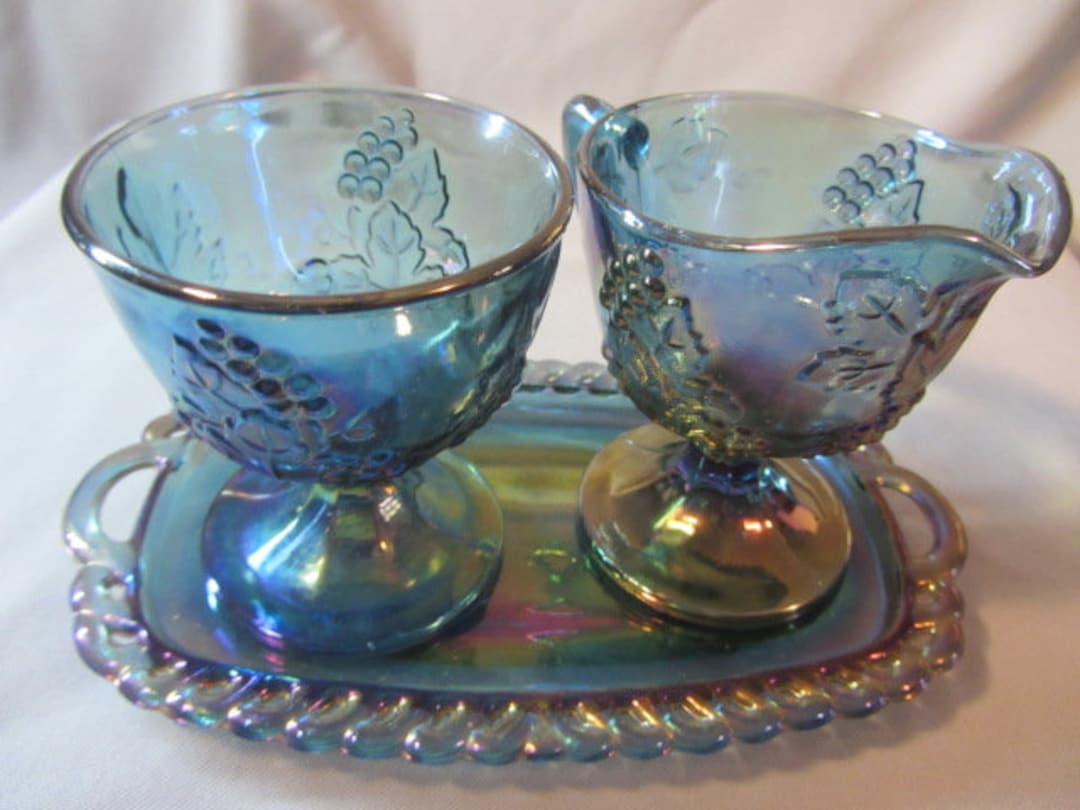 Iridescent Blue Carnival Glass Grape Design Open Sugar Bowl and Creamer ...
