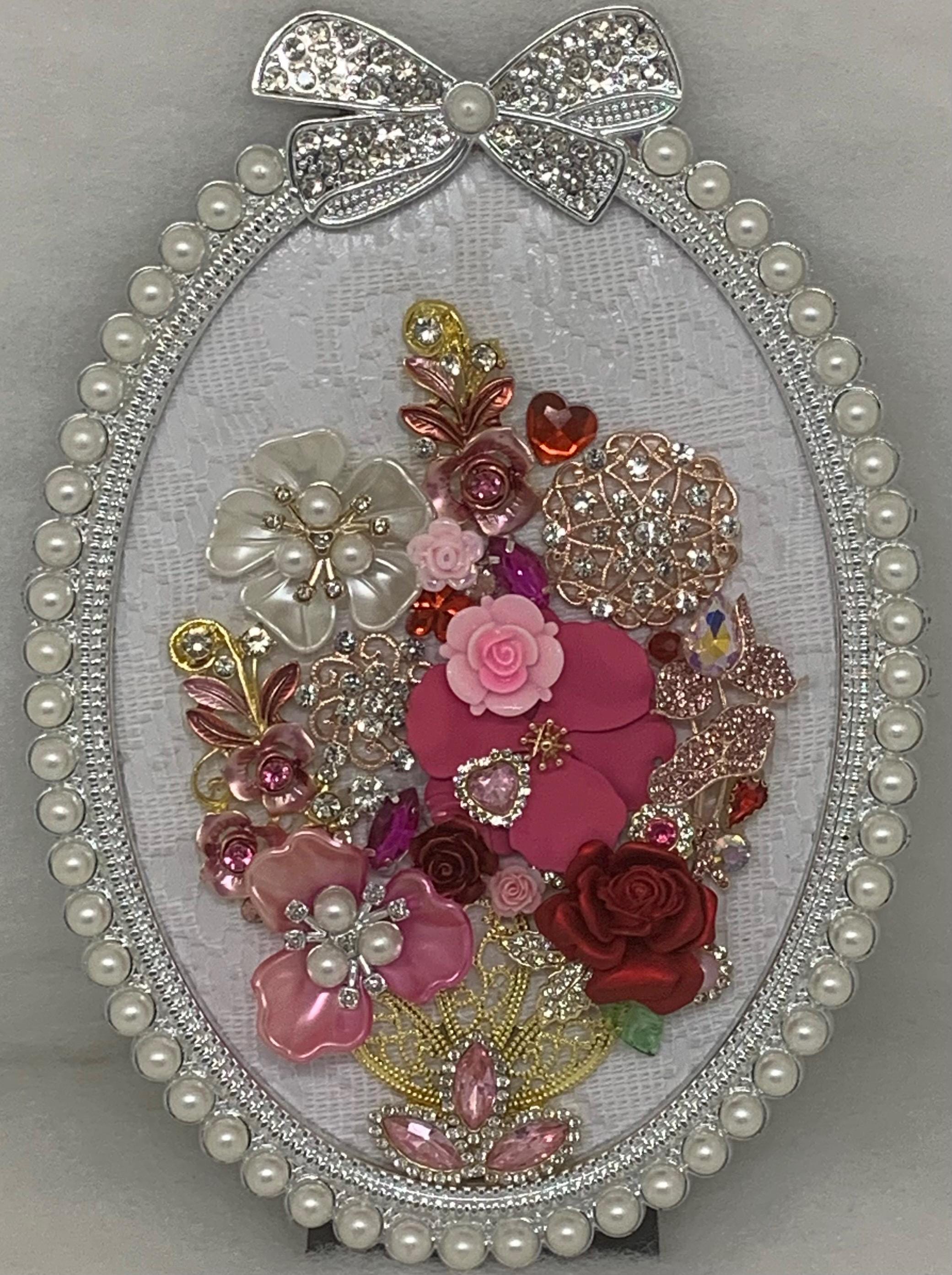 Jewelry / Jeweled Flower Bouquet Oval Framed Art Picture - Etsy