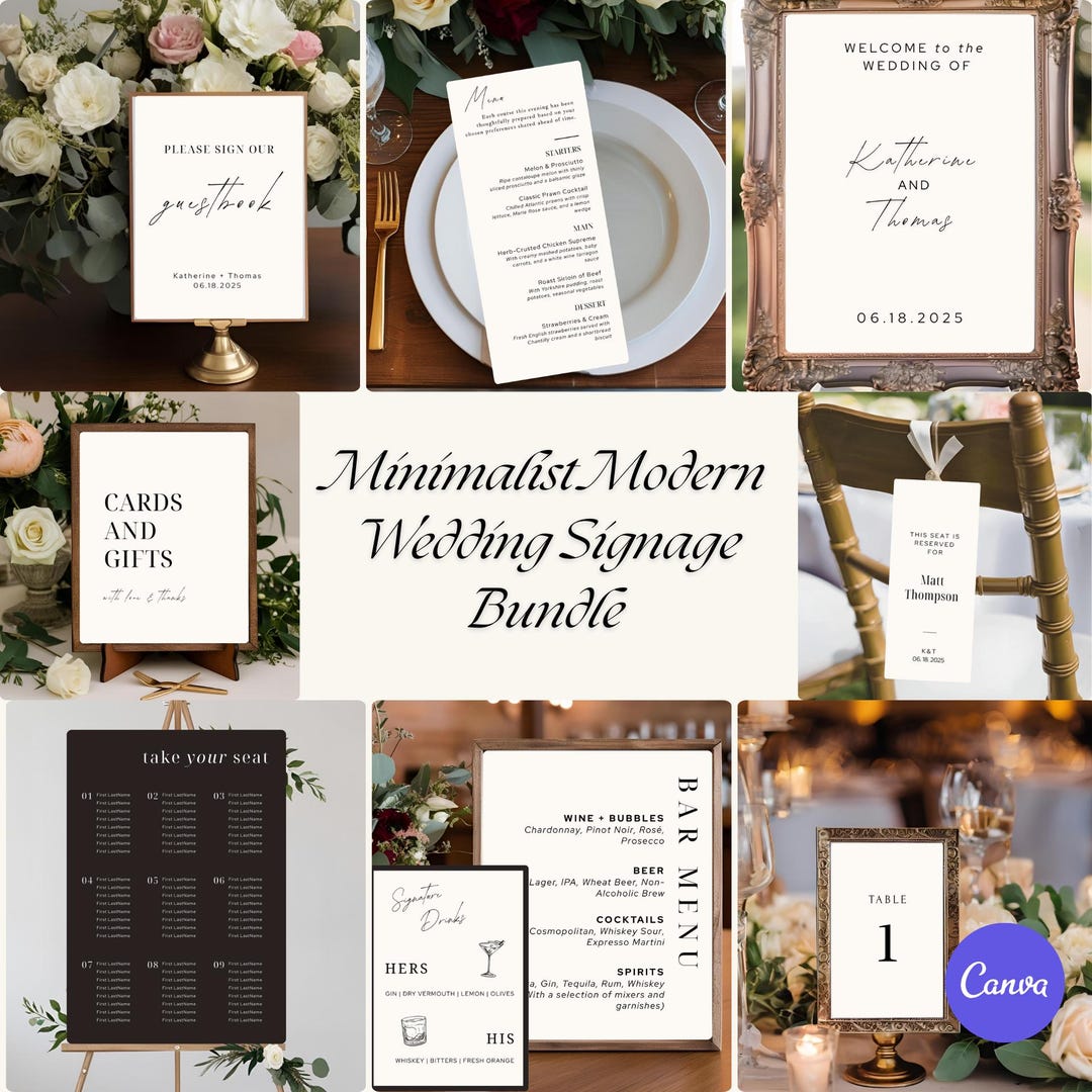 Full Minimalist Wedding Signage Bundle | CANVA Editable Wedding ...
