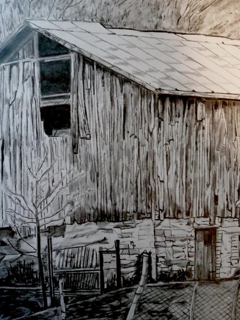 Barn Drawing,black and White Barn Drawing,graphite Pencil Barn Drawing ...