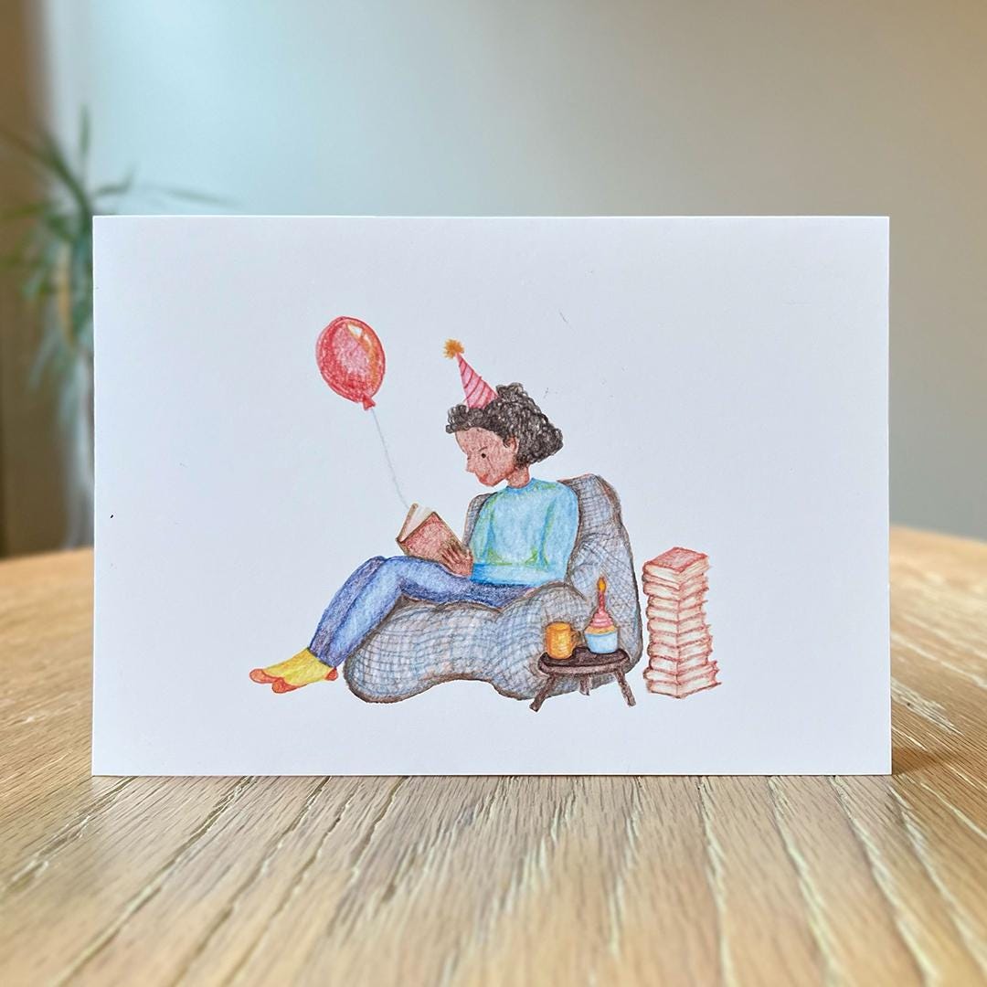 Hand-drawn Birthday Card | Booklover | Introvert - Etsy
