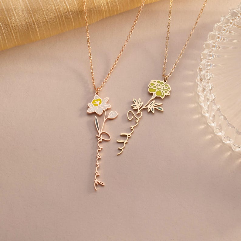 Colorful Birth Flower Name Necklace, Custom Flower Name Necklace ...