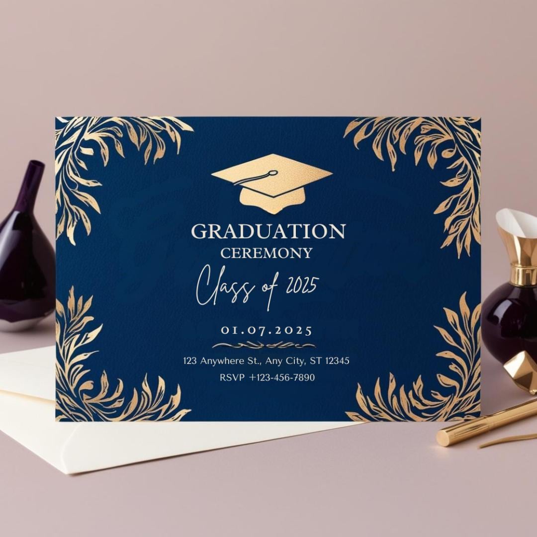 Blue Graduation Invitation Gold Floral Graduation Invitation Class ...