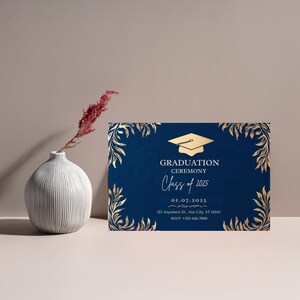 Blue Graduation Invitation Gold Floral Graduation Invitation Class ...
