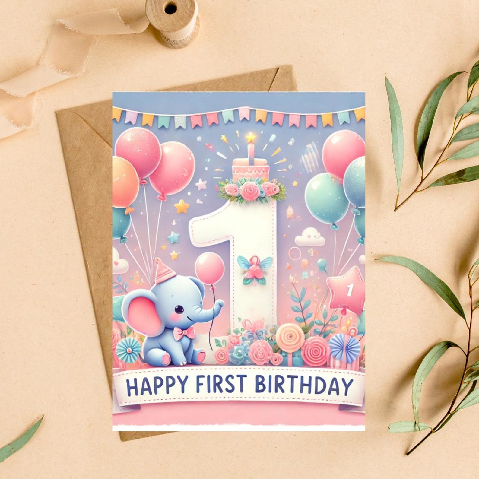 First Birthday Card Baby Elephant Card Cute Animal Design First ...