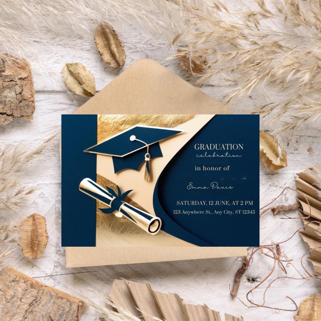Dark Blue Graduation Invitation With Gold Foil Elegant Customizable ...