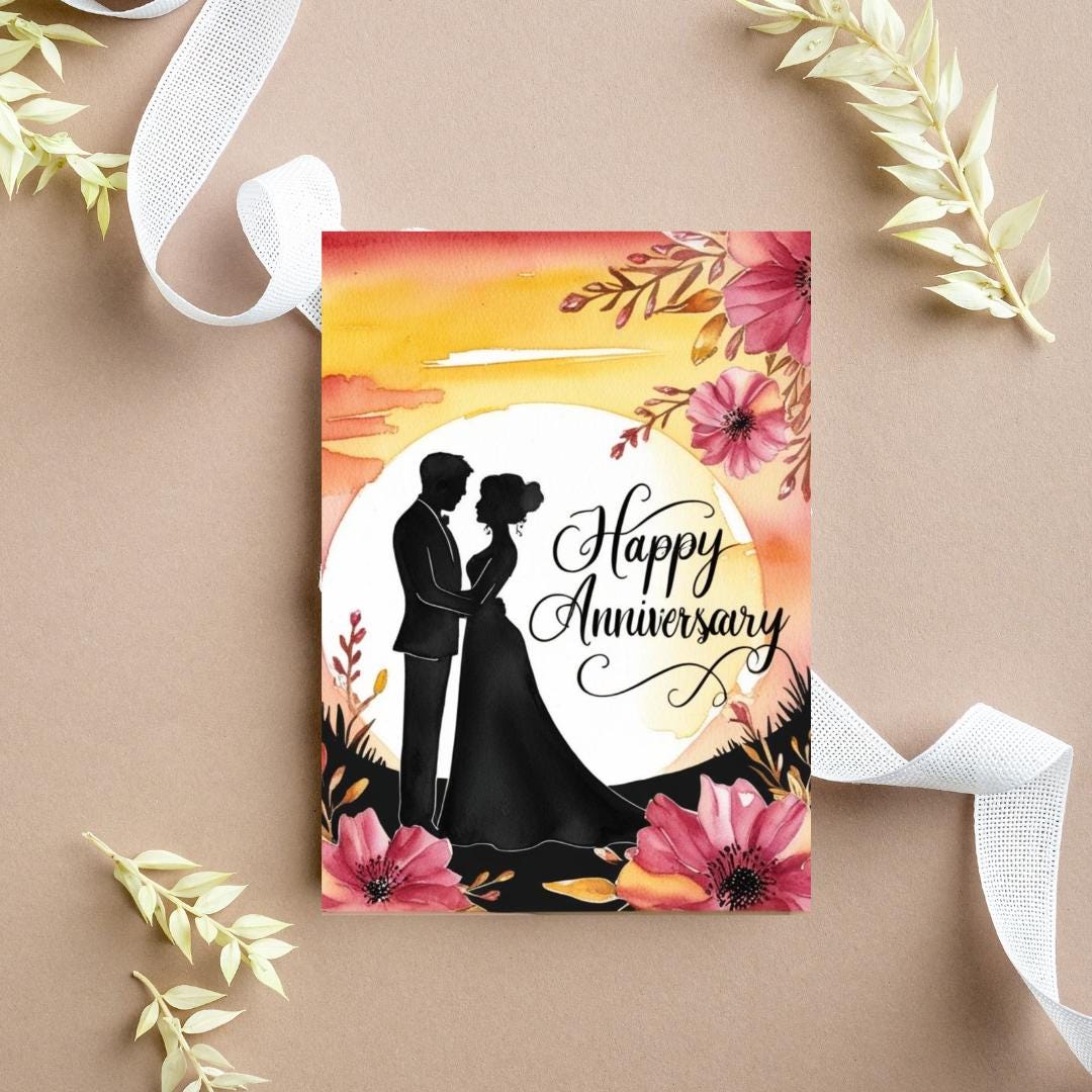 Sunset Anniversary Card With Pink Flowers Personalized Anniversary Card ...
