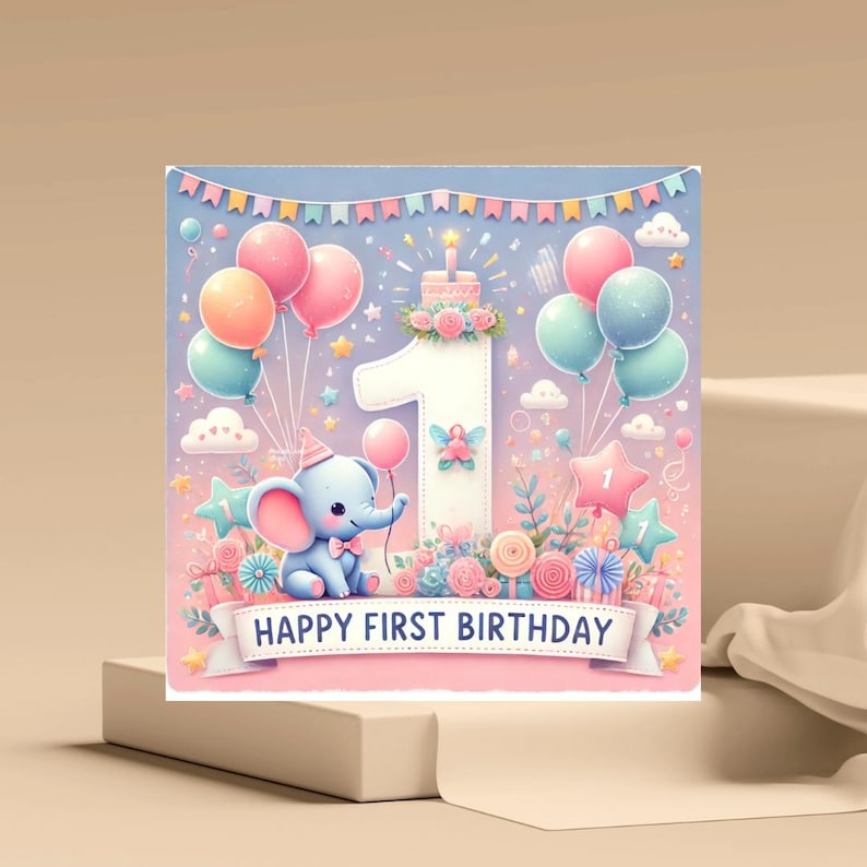 First Birthday Card Baby Elephant Card Cute Animal Design First ...
