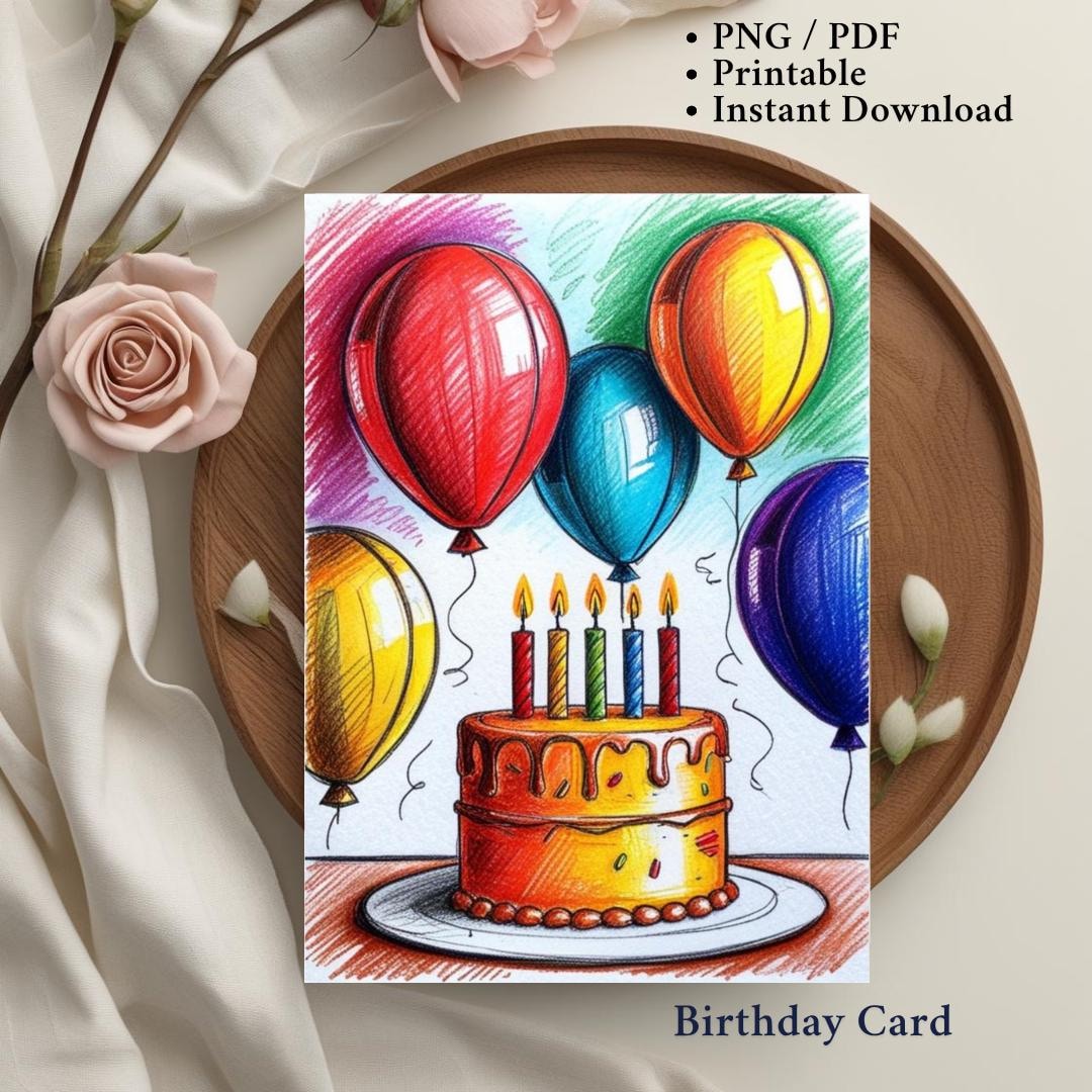 Colorful Cake Birthday Card: Printable Party Greeting PNG Printable ...