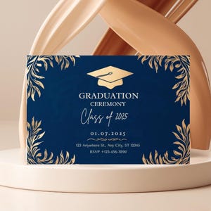 Blue Graduation Invitation Gold Floral Graduation Invitation Class ...