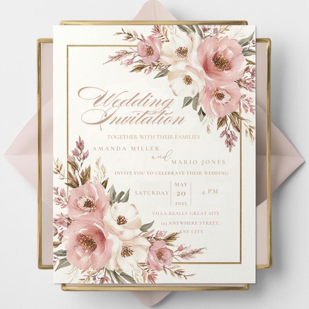 Romantic Pink Floral Wedding Invitation Gold Accents & Elegant Design ...