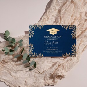 Blue Graduation Invitation Gold Floral Graduation Invitation Class ...