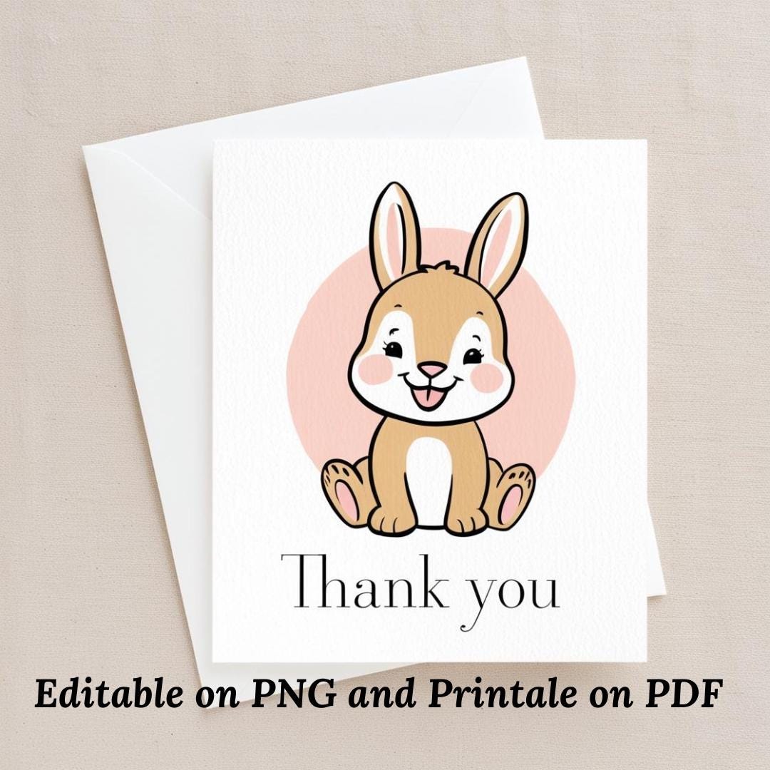 Minimalist Rabbit Thank You Card Printable Cute Bunny Design PNG & PDF ...